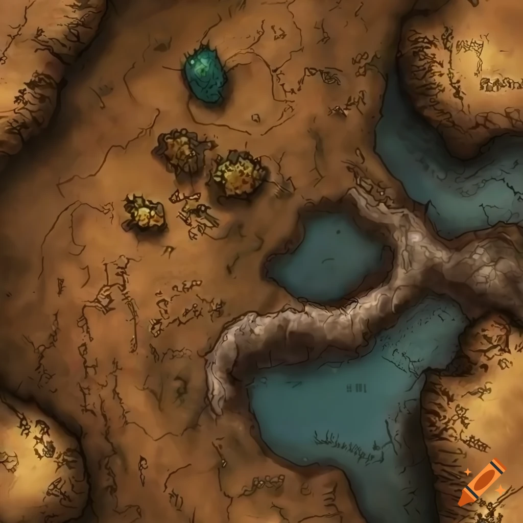 Fantasy battle map in a dried out river bed setting on Craiyon