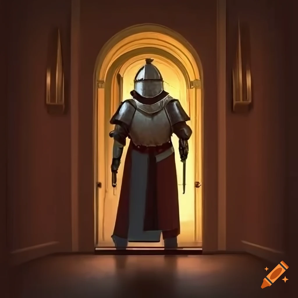 Sentry knight guarding a door in a room of stairwells on Craiyon
