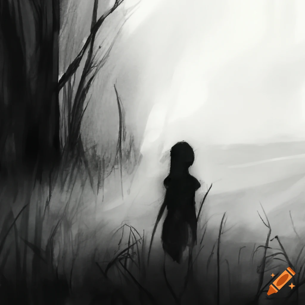 Point of view going through grass in charcoal black and white on Craiyon