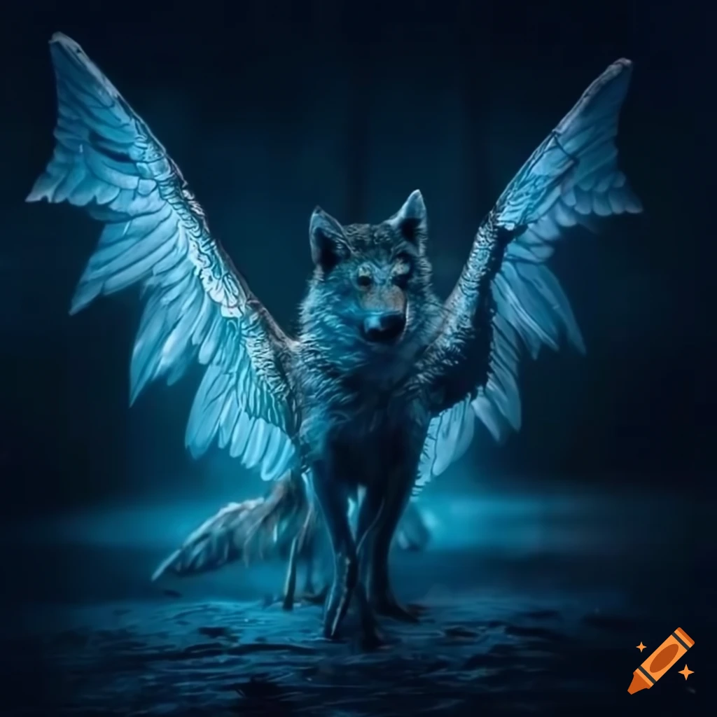 Mythical wolf with dragon wings in a foggy forest at night on Craiyon
