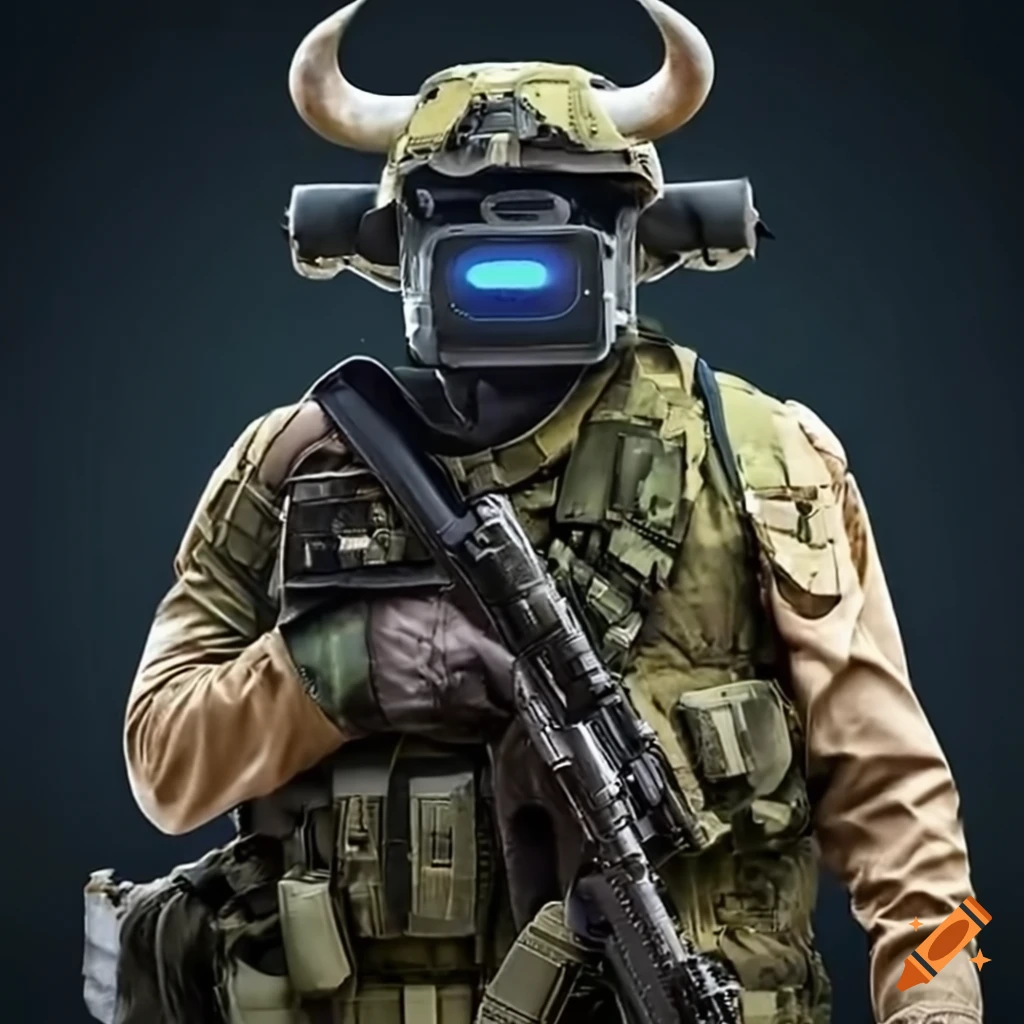 Bull cow with night vision goggles resembling a soldier on Craiyon