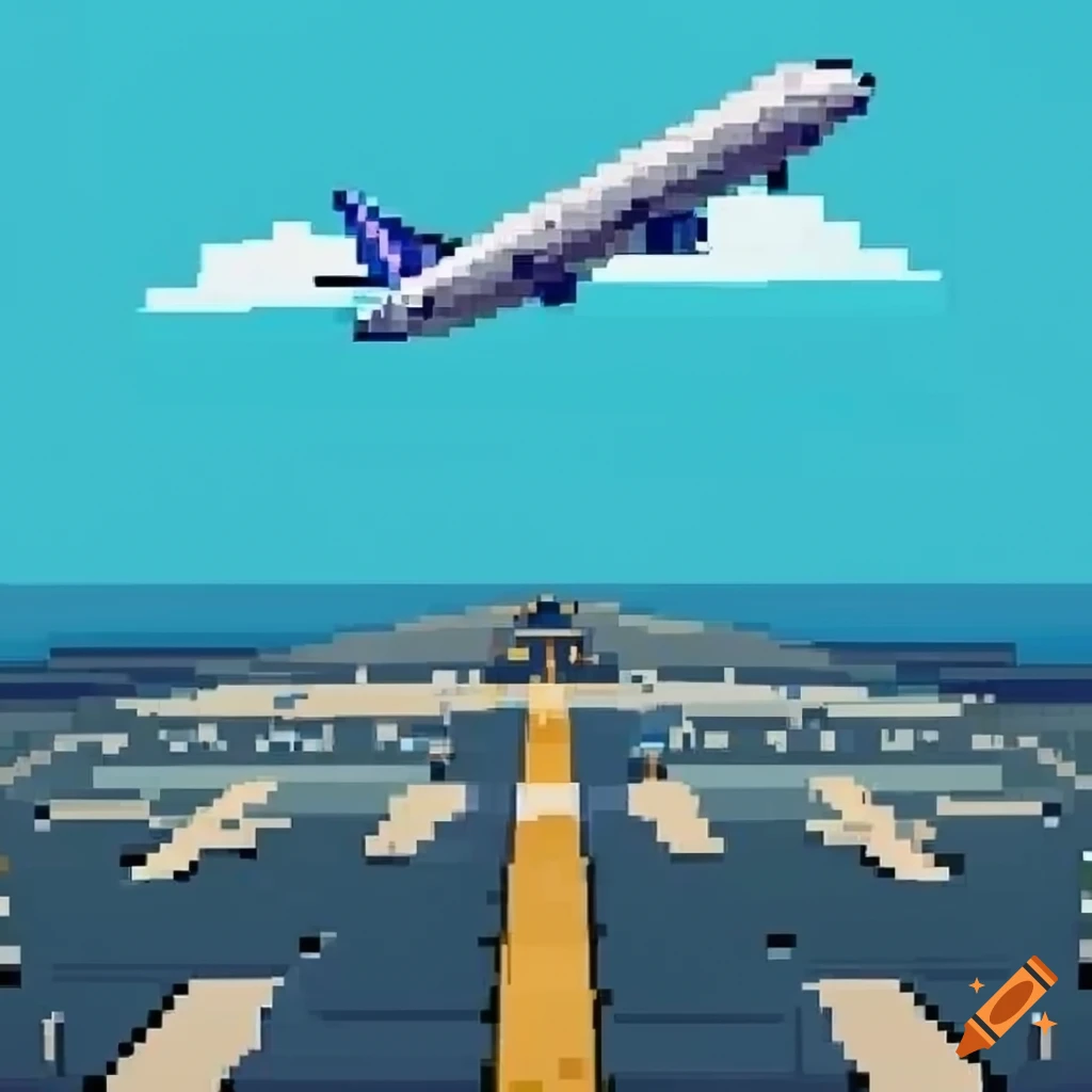 Pixel art modern airport runway with plane taking off in the distance ...