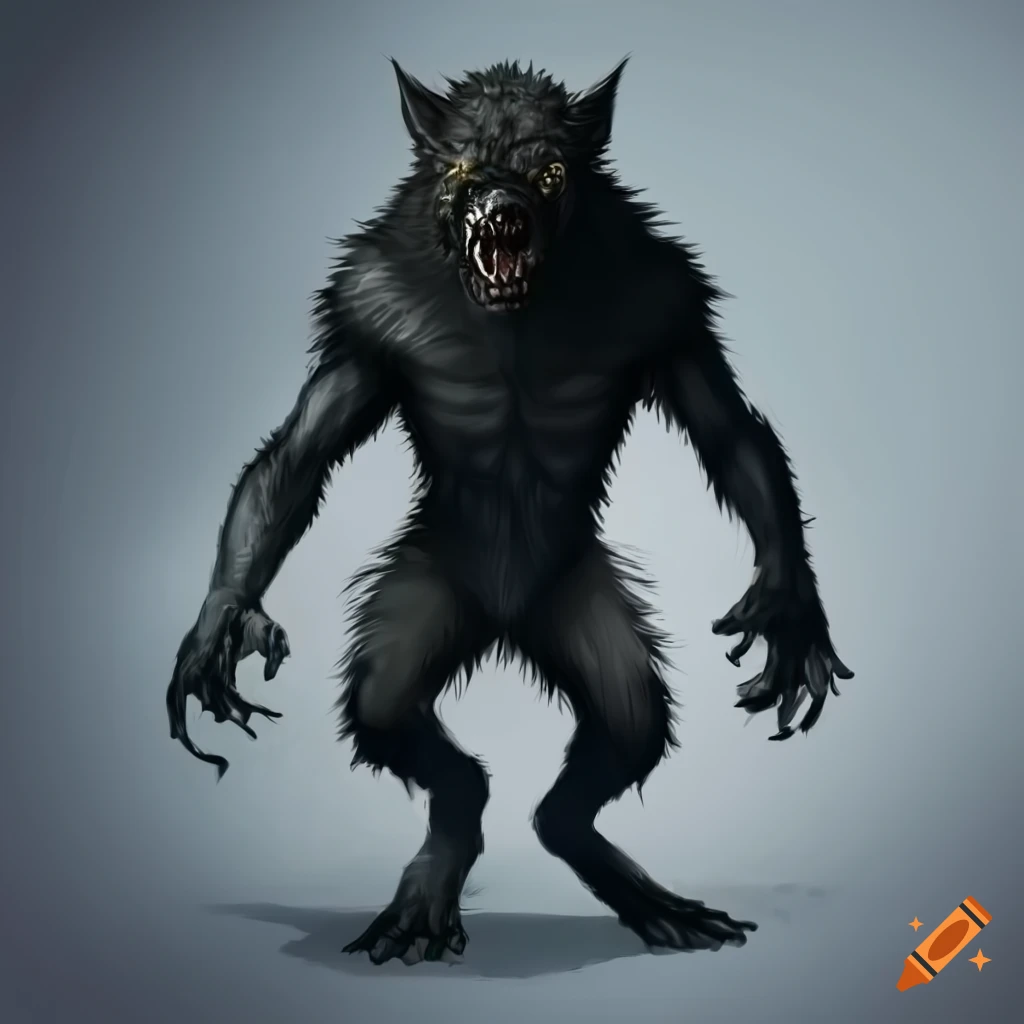 Highly detailed black bipedal werewolf illustration on Craiyon