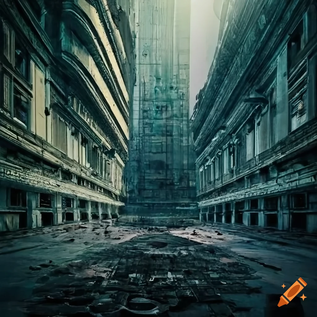 Futuristic post-apocalyptic scene under a sunny sky with foreign ...