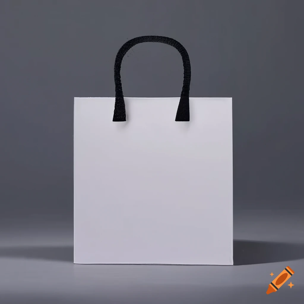 Small white paper bag with black ribbon handles on Craiyon