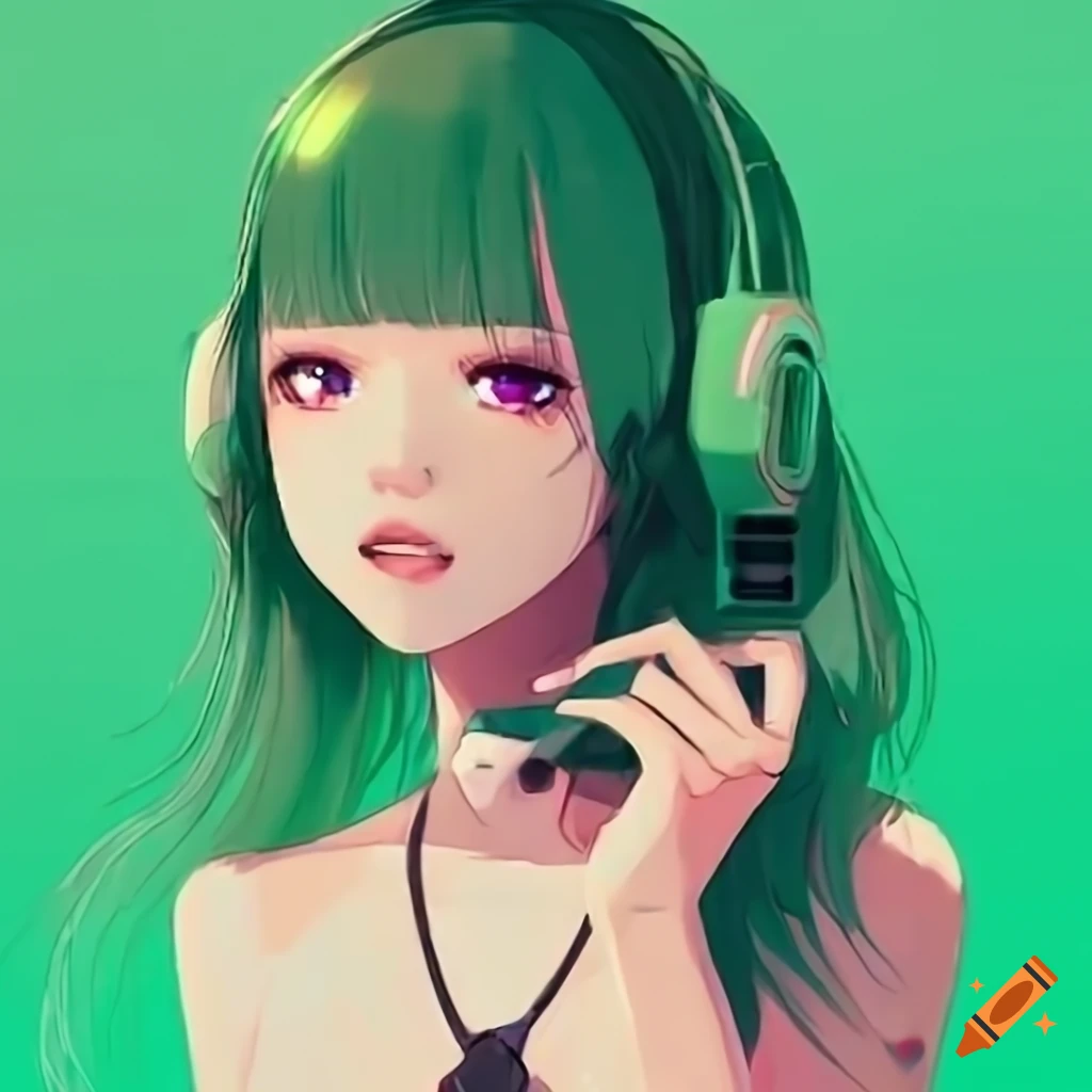 Anime girl with y2k style in green color palette and retro accessories ...