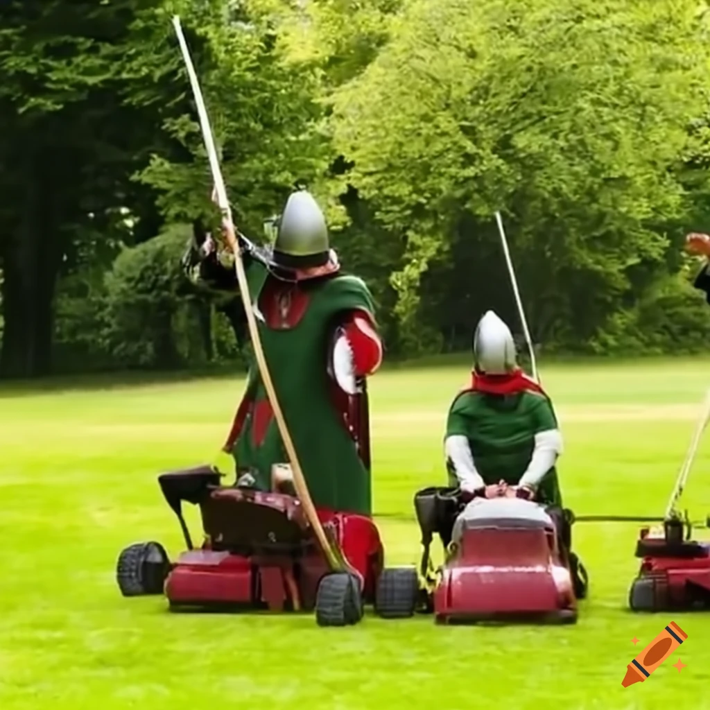 Jousters jousting on lawnmowers on Craiyon