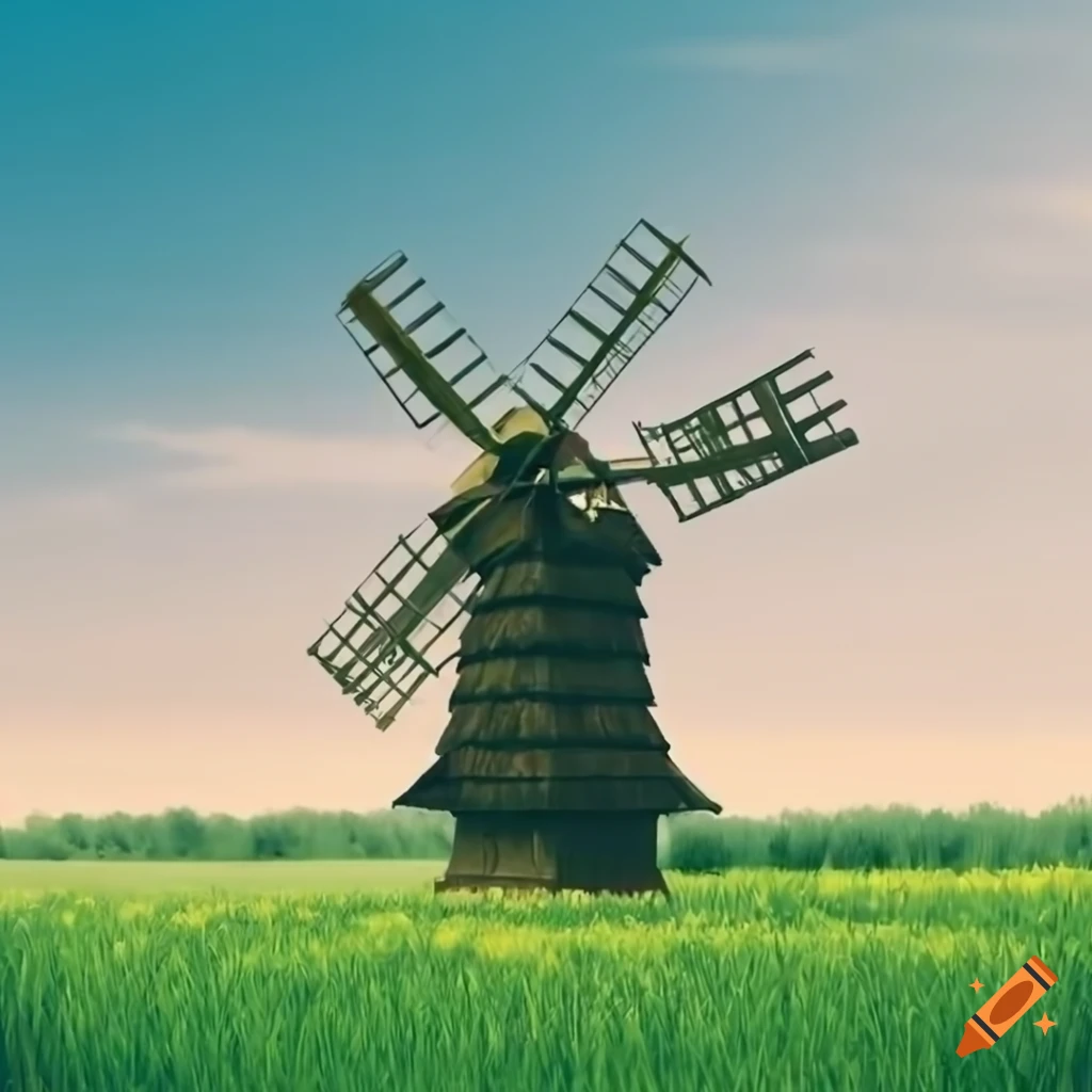 Elegant wooden windmill with four long symmetrical blades in a bright ...