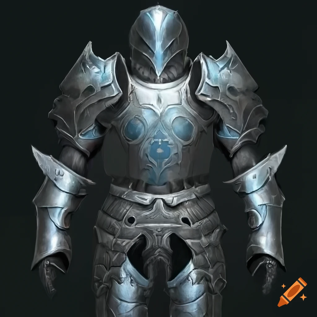 Shiny magic fantasy master armor made of steel in front view on Craiyon