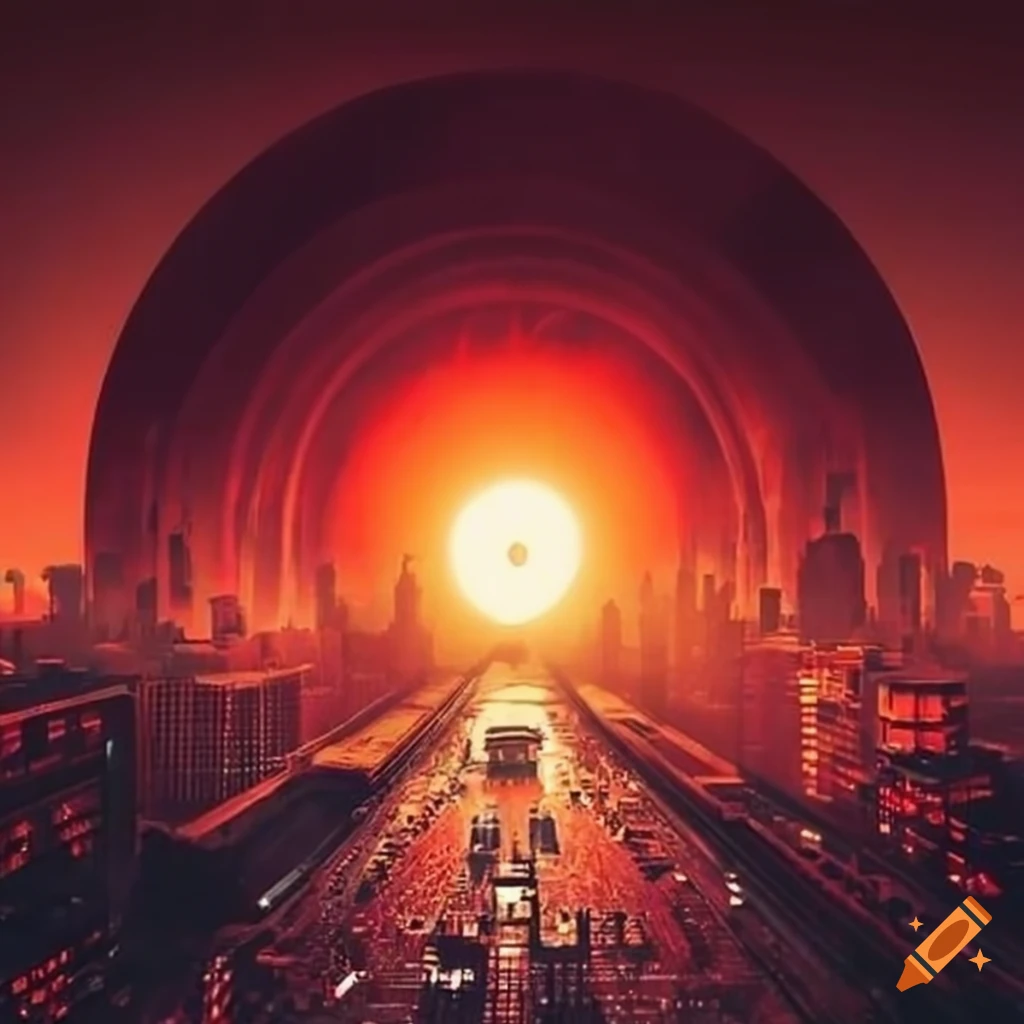 Dystopian metallic city with dark red sun in the sky on Craiyon