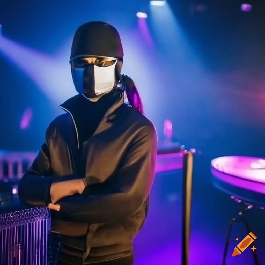 DJ with brown hair wearing a black full face mask in a modern club on ...