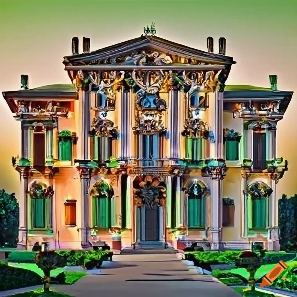 Front elevation of a multi-storied Italian mansion in neoclassical ...