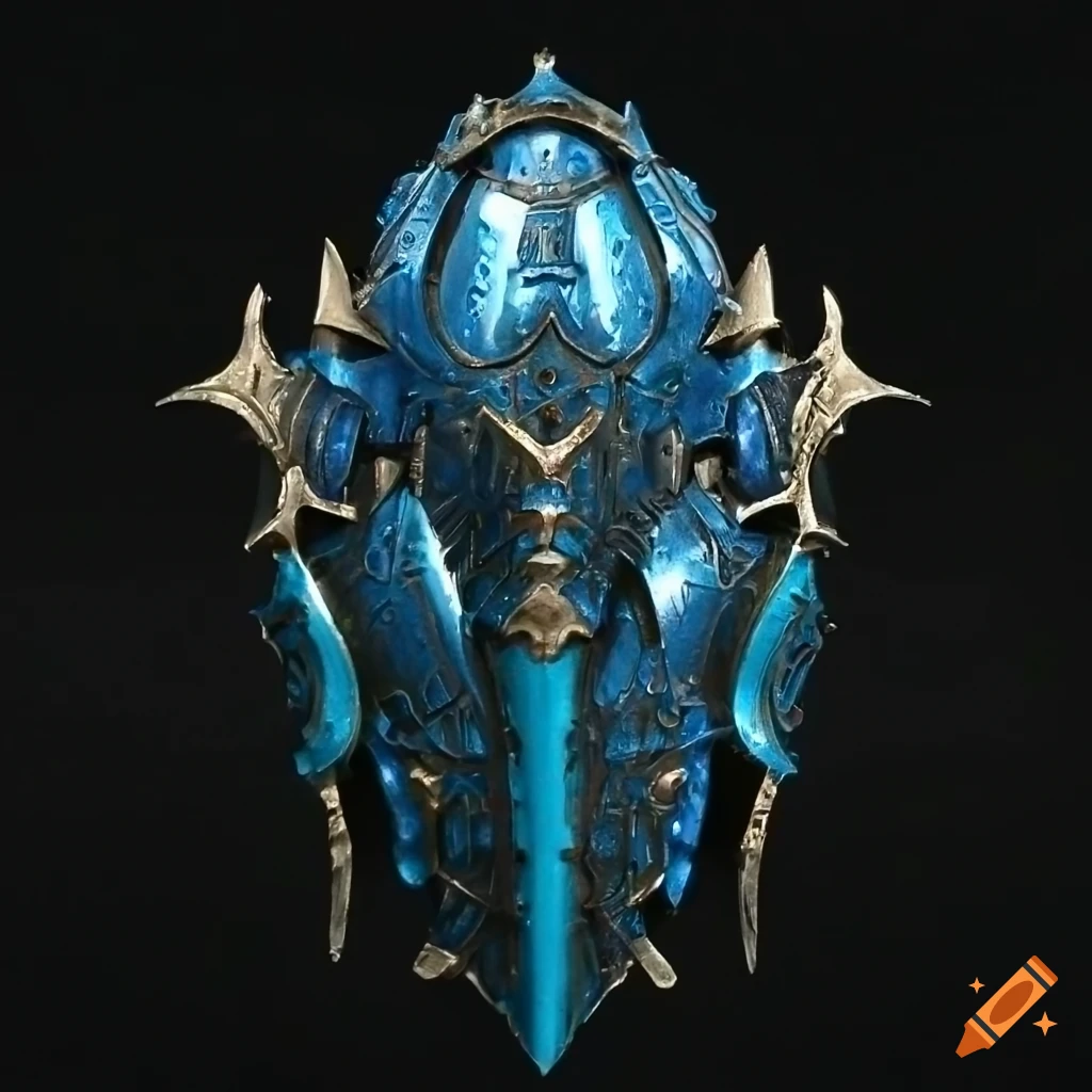 Front view of mythic fantasy azure gothic steel armor with equal parts ...