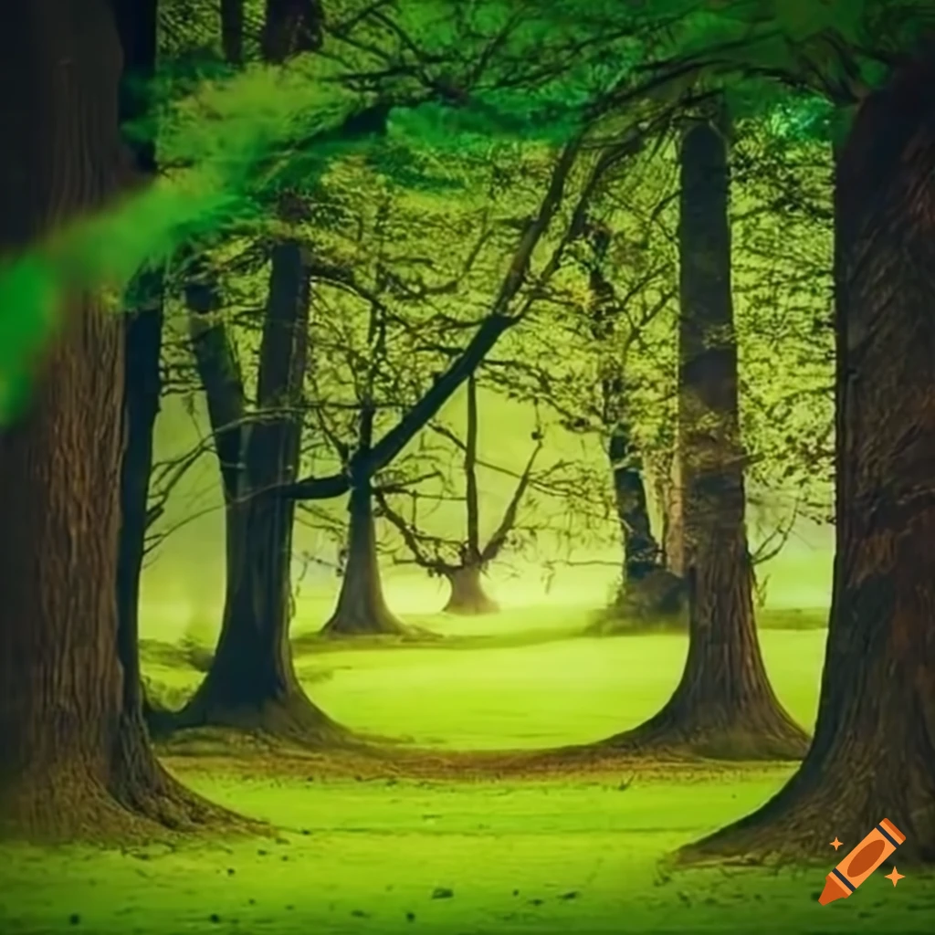 Deity admiring a fair and beautiful tree in a lush green valley on Craiyon