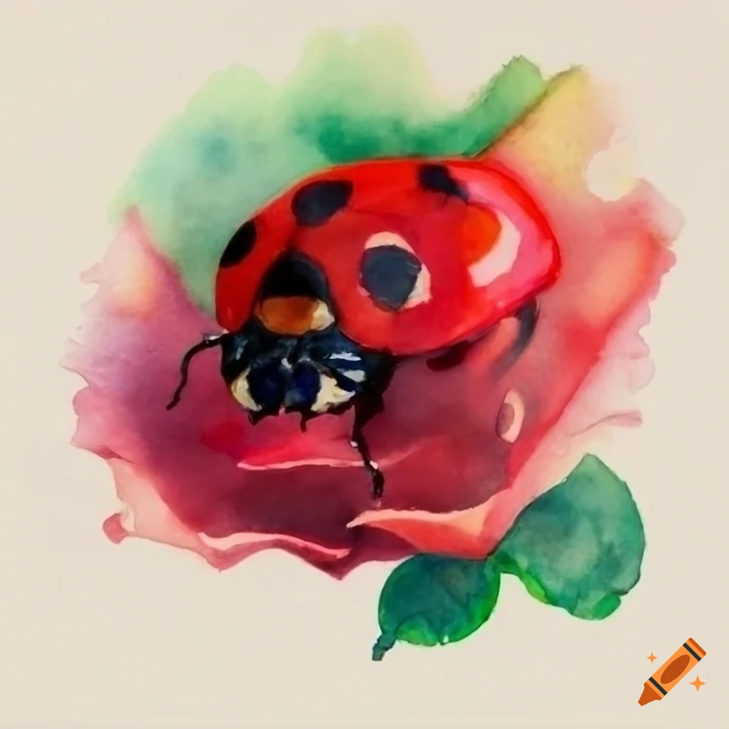 Ladybug on a red rose stem in watercolor painting on Craiyon
