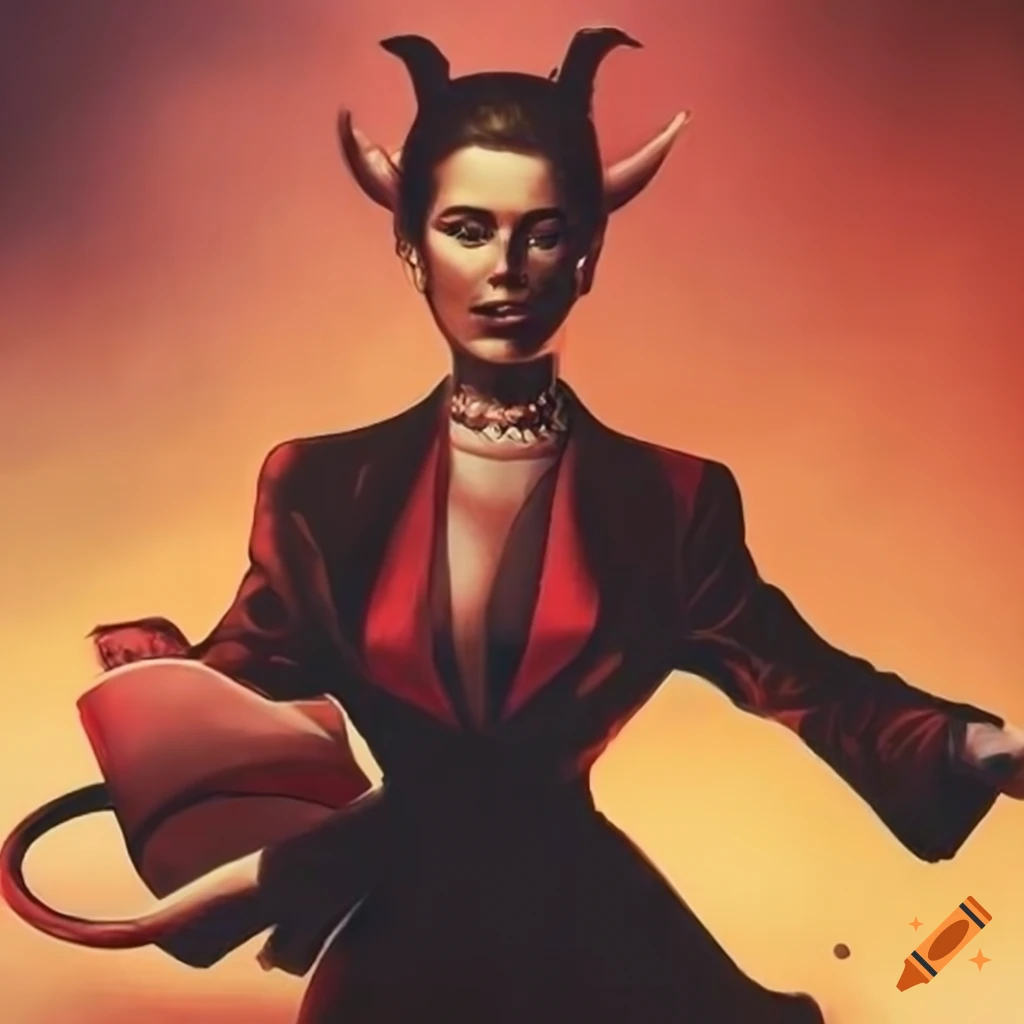 Demiworld real estate agent with devil horns in a 1950s pulp style on Craiyon