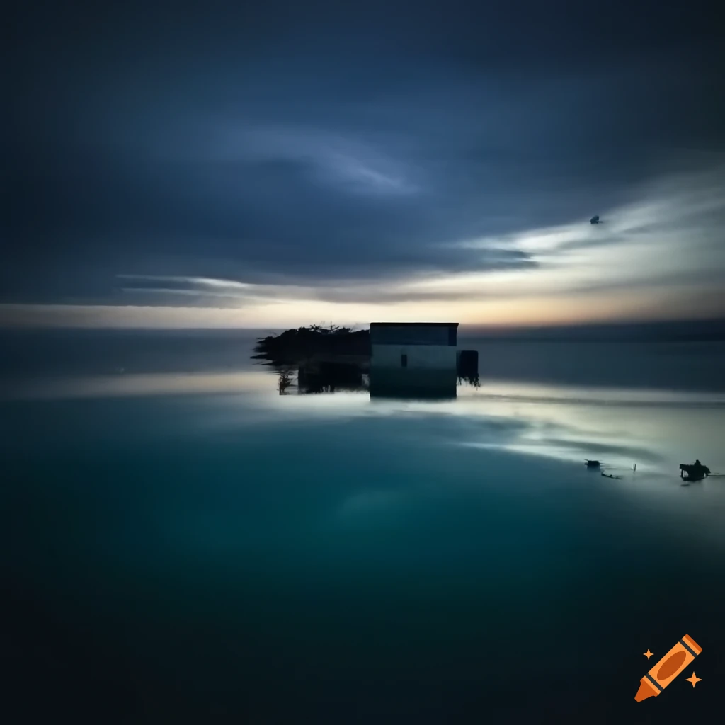 House in the sea portraying liminality and a hint of fear on Craiyon