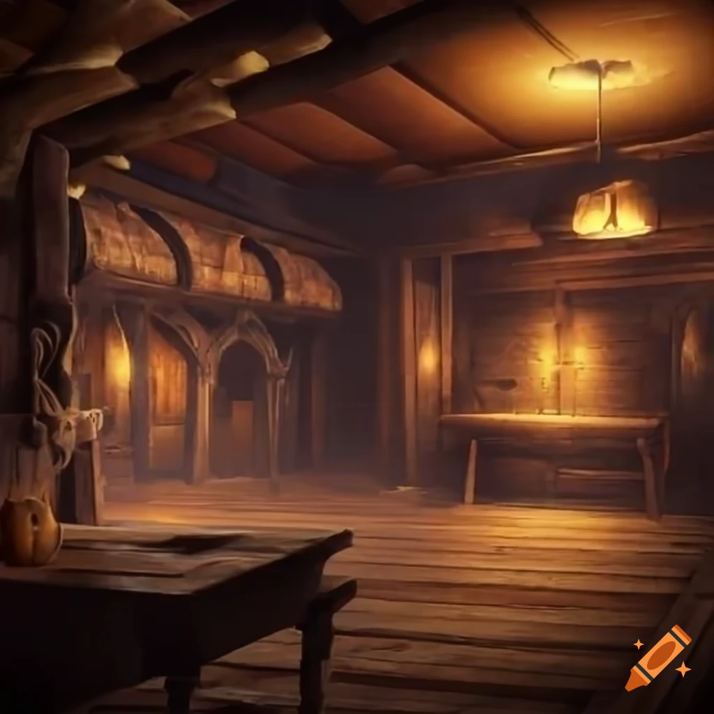 Empty fantasy medieval tavern interior at night on Craiyon