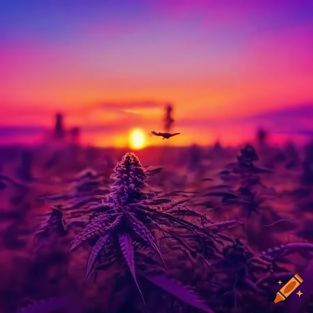 Colorful sunset over a field of marijuana plants on Craiyon