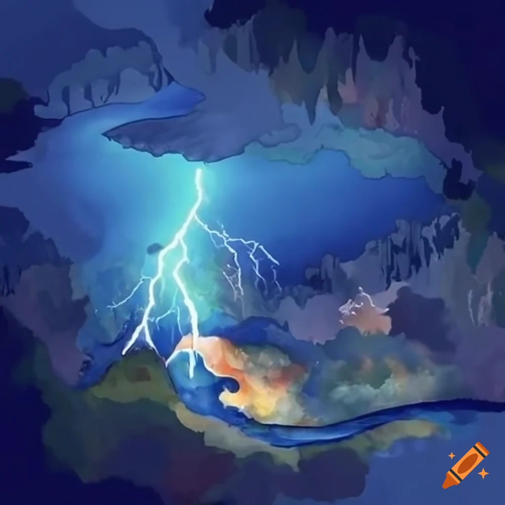 Lightning striking a lake on a different planet in a birds eye view on ...