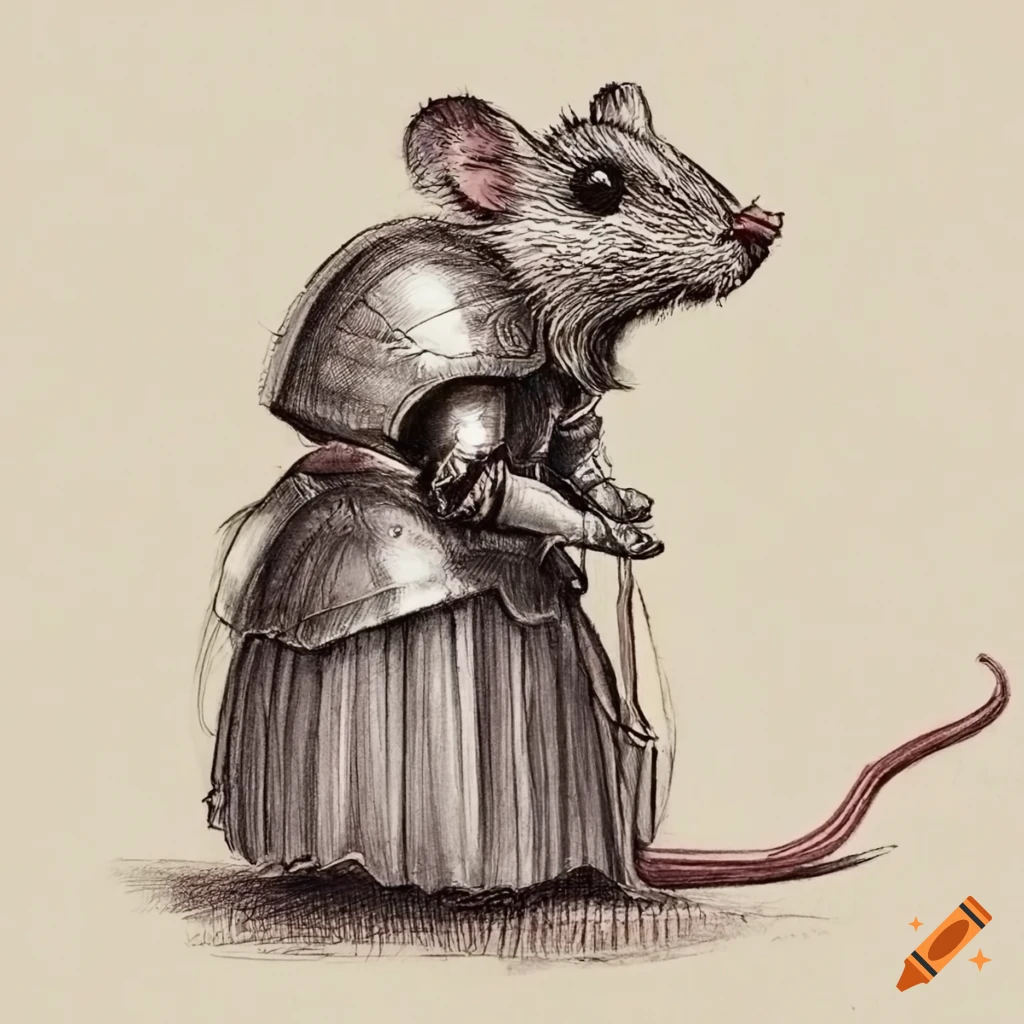 Old mouse in heavy armor and victorian dress with a bow on Craiyon