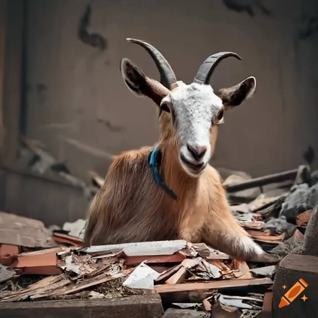 Goats standing on debris of a destroyed house on Craiyon
