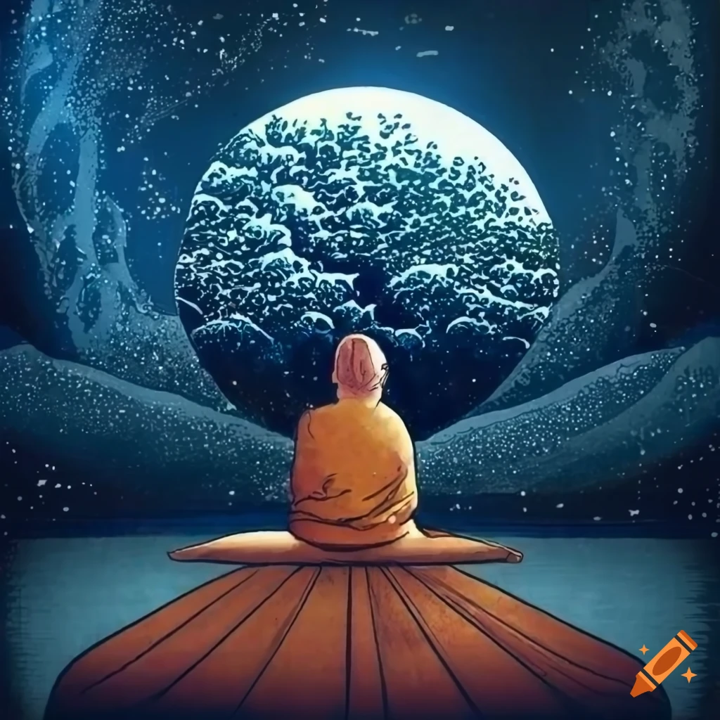 Hokusai style drawing of zen monk meditating in nature connected with ...