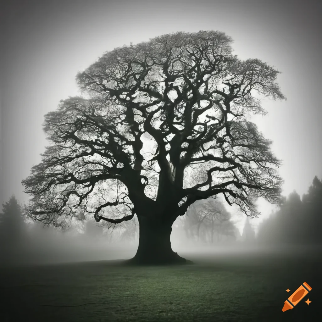 One thousand year old oak tree in a foggy forest on Craiyon