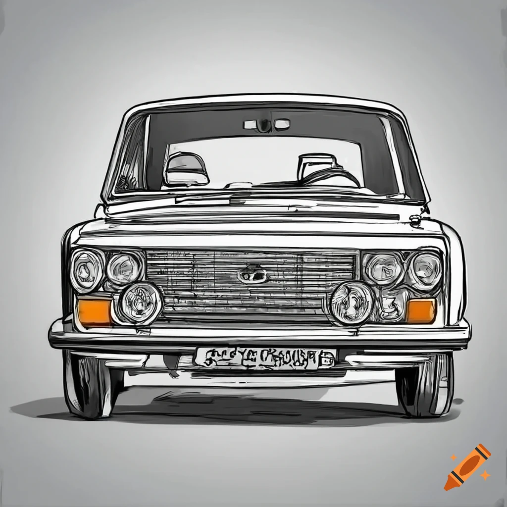 Detailed black and white line art of a classic Lada car for coloring on ...