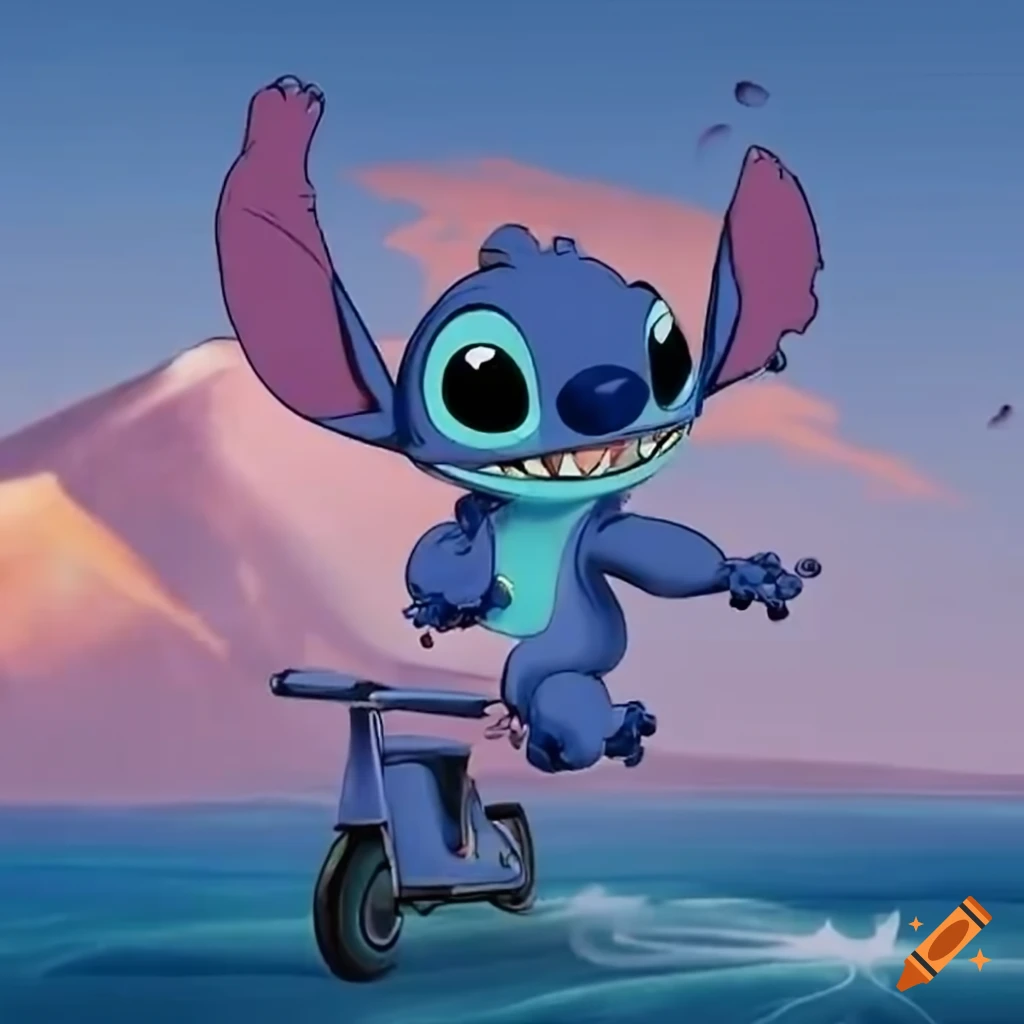 Stitch from lilo and stitch riding a scooter over a volcano during the ...