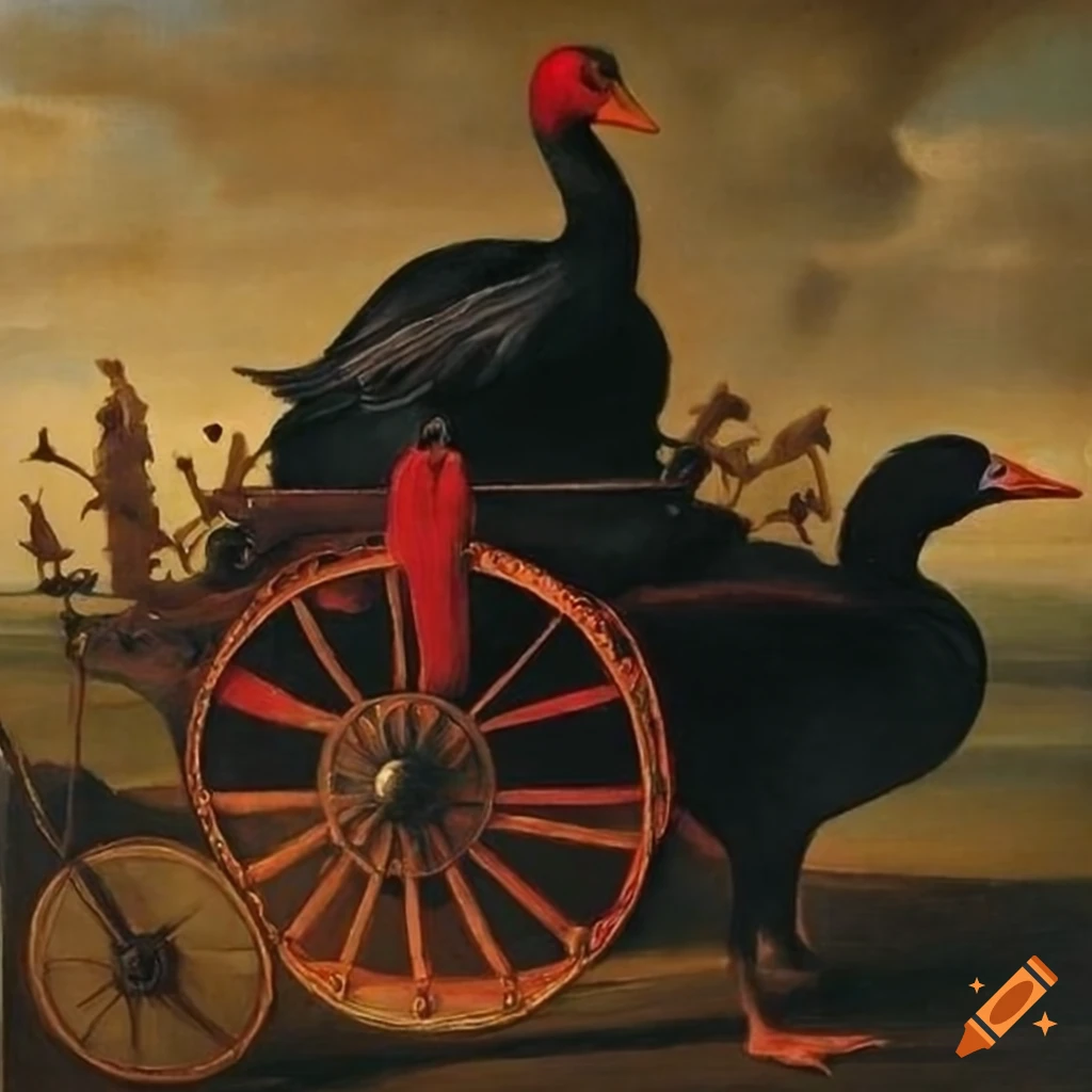 Black and red goose with chains in a renaissance carriage on Craiyon