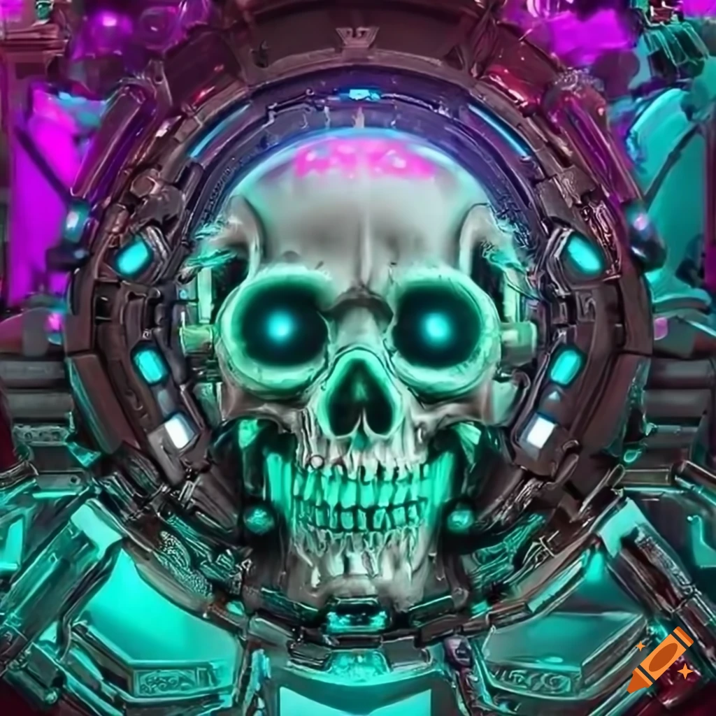 Teal mechanical cyberpunk skull with glowing dark blue eyes on Craiyon