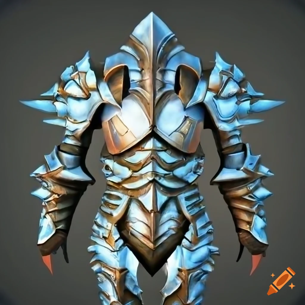 Mythic shiny steel fantasy armor in front view with symmetry on Craiyon