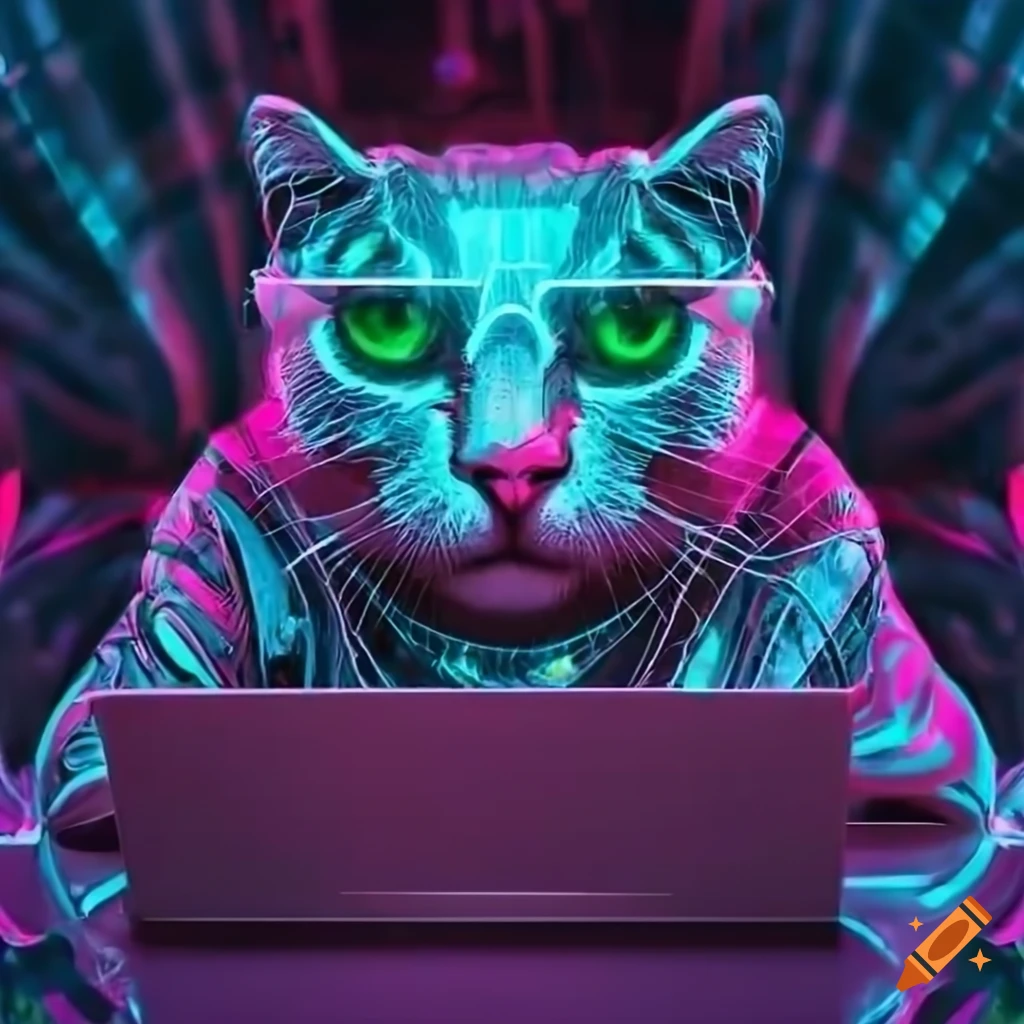 Cyber cat using a computer in a futuristic dance club on Craiyon