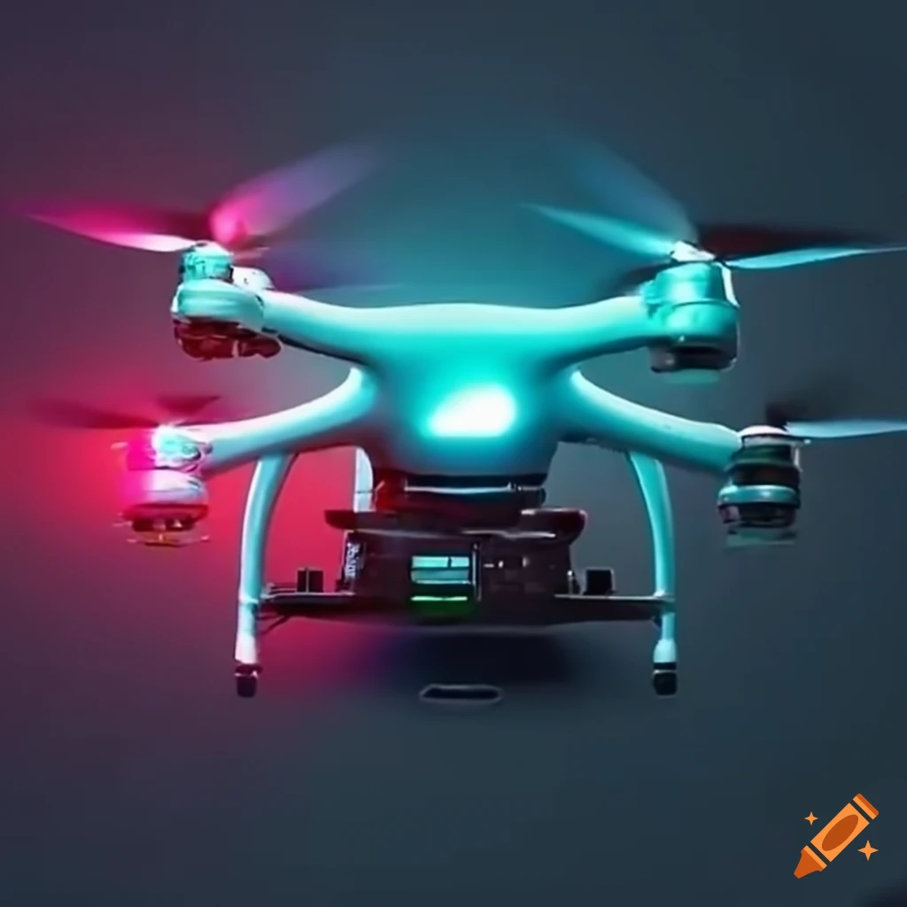 Unmanned drone filming racing event with flashing lights on Craiyon