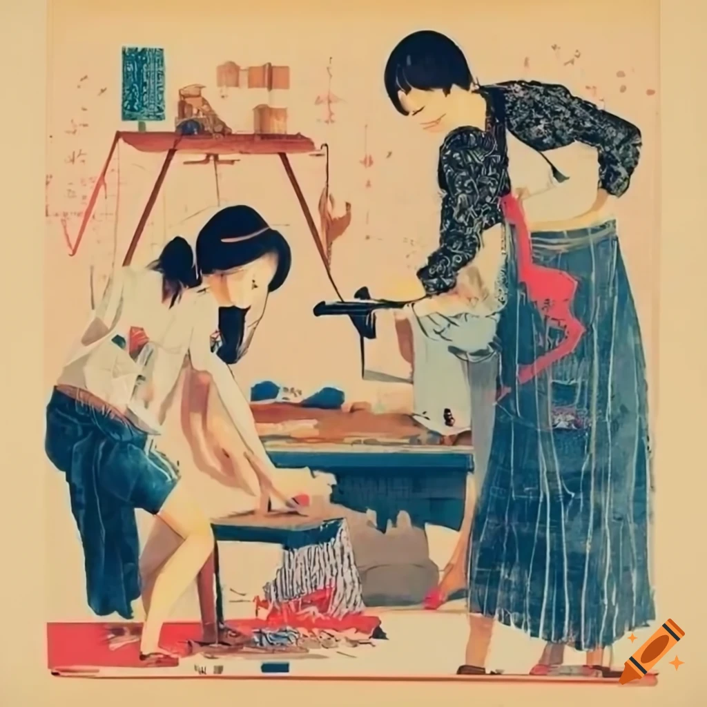 Group of women repairing torn clothes in a workshop with scissors ...