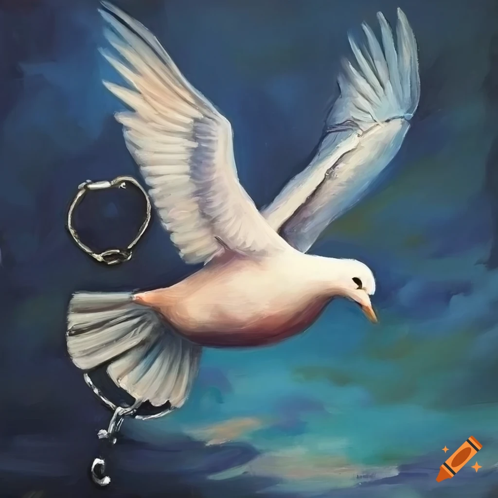 Dove flying over handcuffs in an oil painting on Craiyon