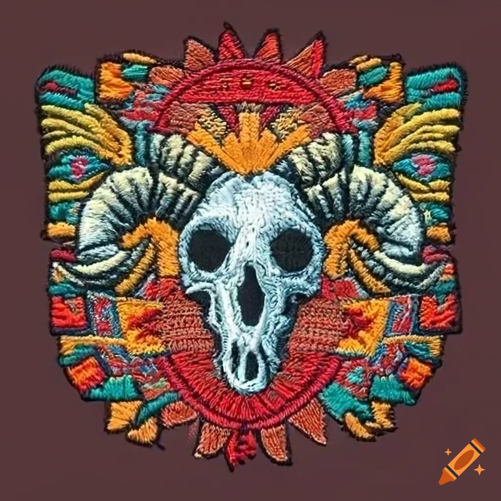 Traditional aztec embroidered ram's skull design on Craiyon