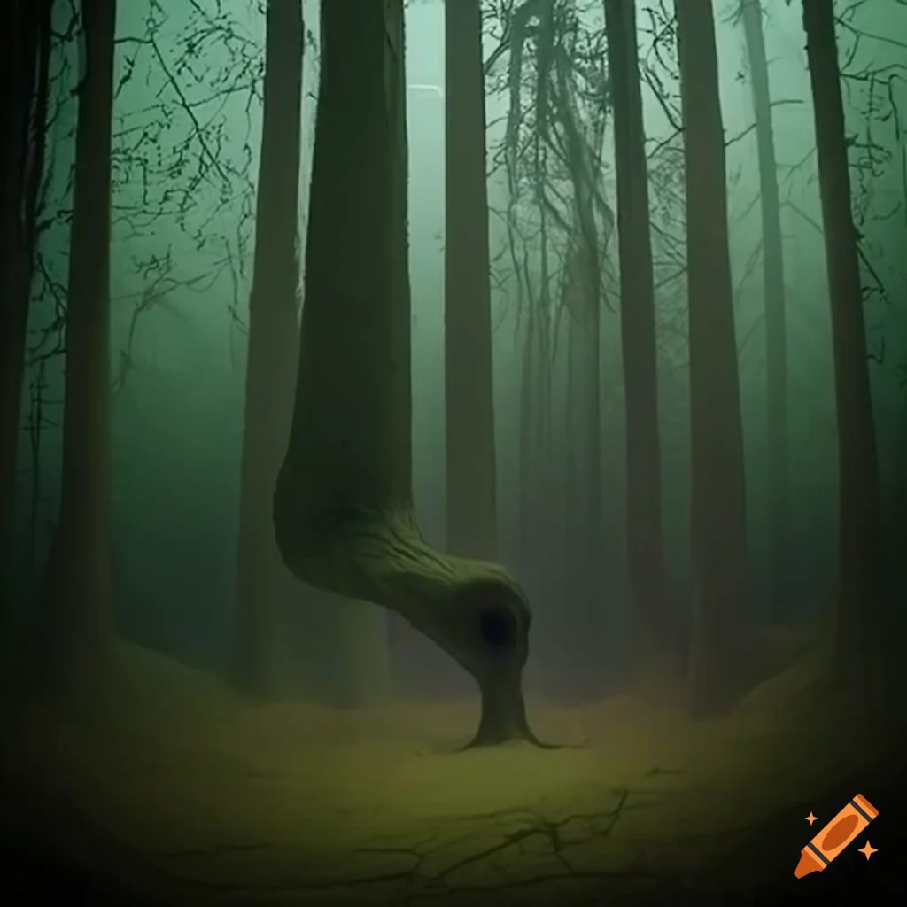 Terrifying anatomically correct tree monster in a dark forest on Craiyon