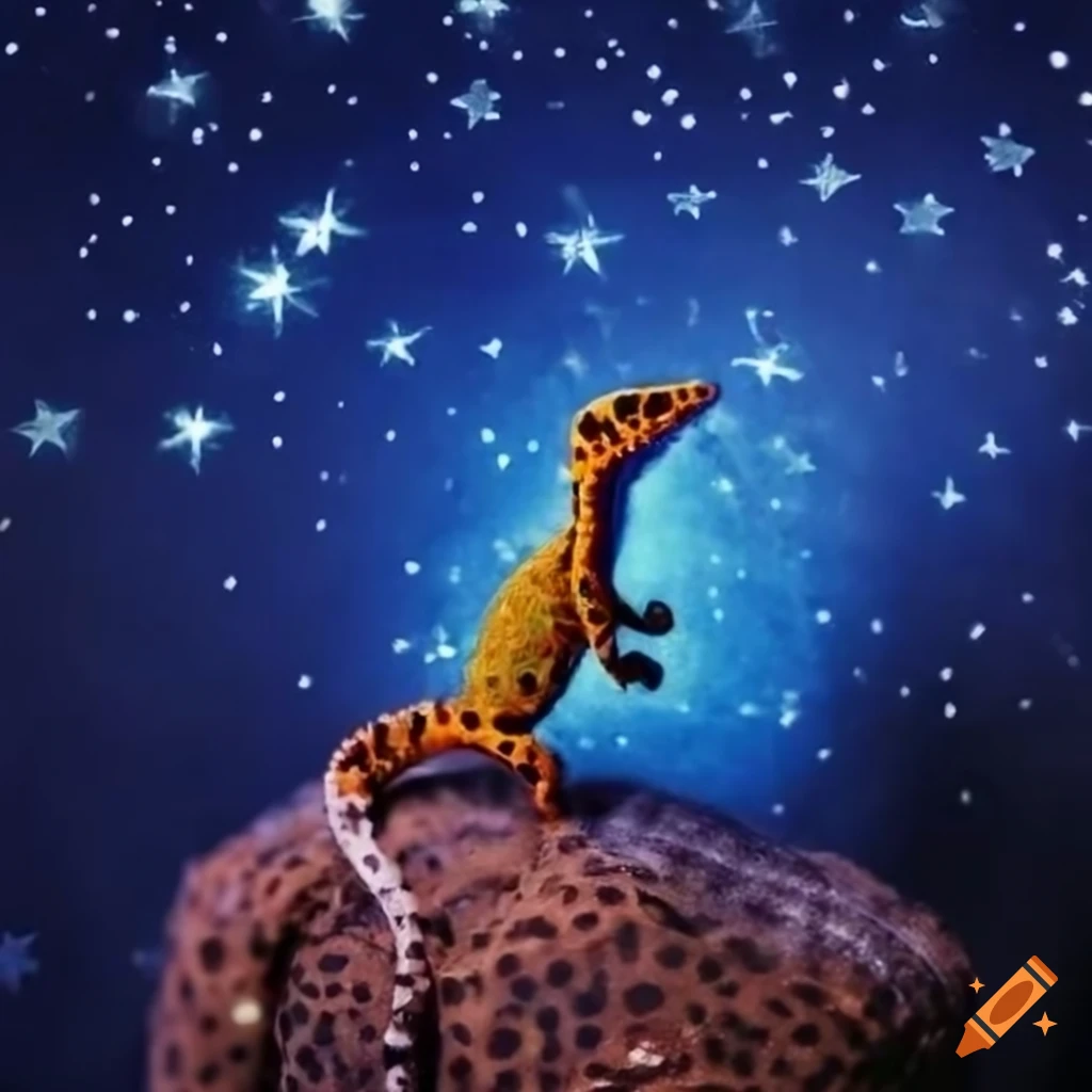 Needle felt diorama of a leopard gecko flying in a starry night sky on ...