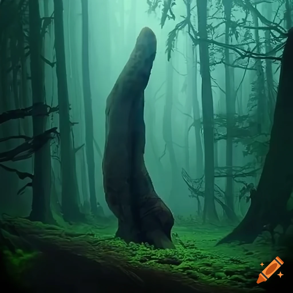Dark and foreboding forest with a terrifying tree monster on Craiyon