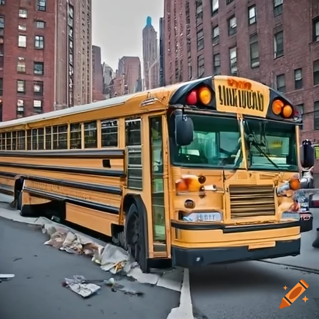 School bus in nyc with surrounding trash on Craiyon