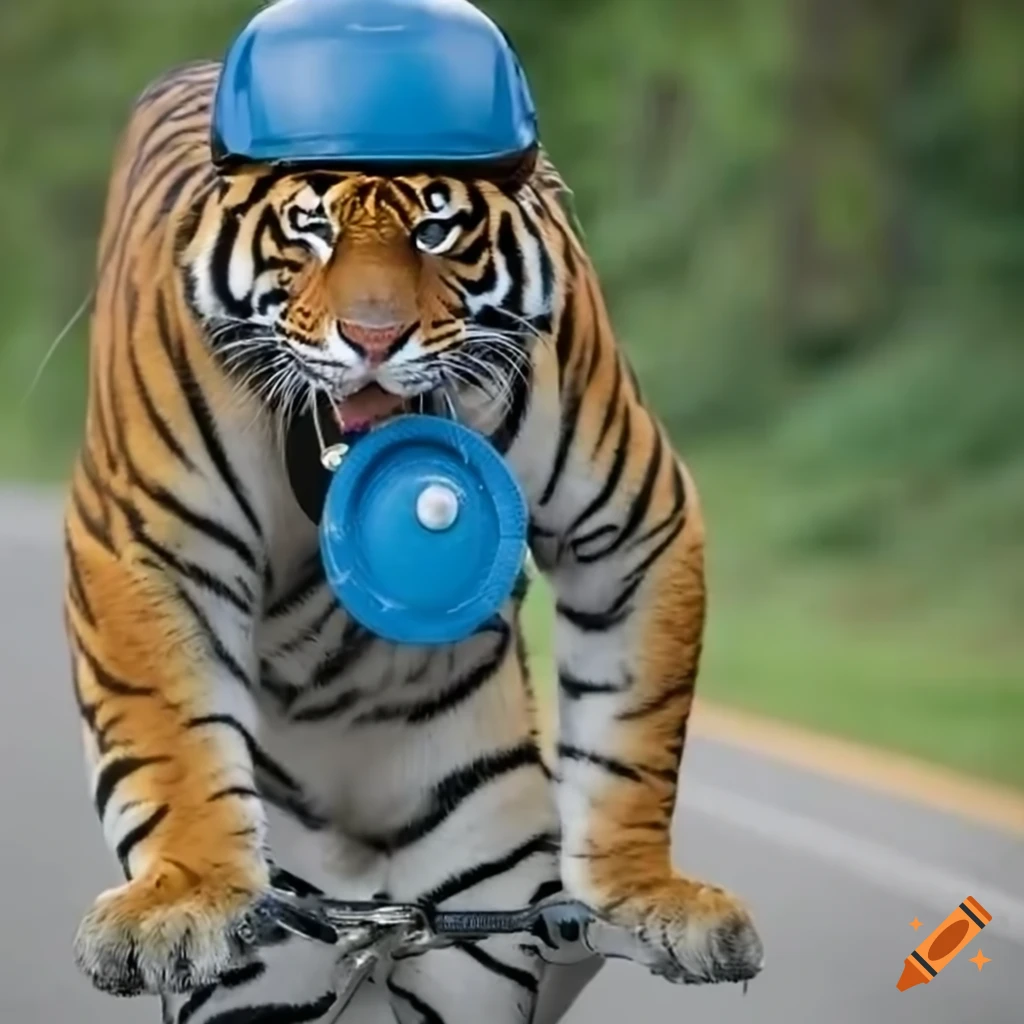 Tiger riding a bicycle with a blue helmet on Craiyon
