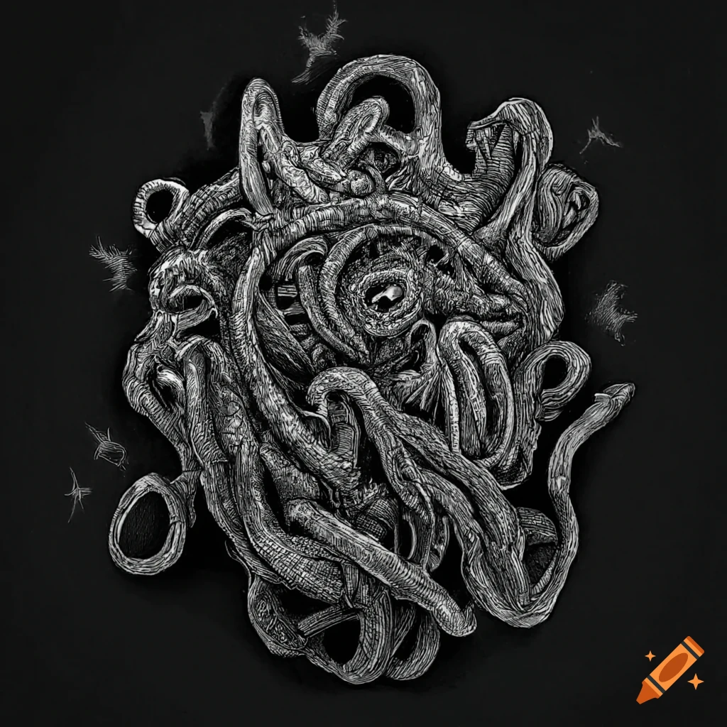 Lovecraftian horror with tentacles and jagged teeth in black and white ...