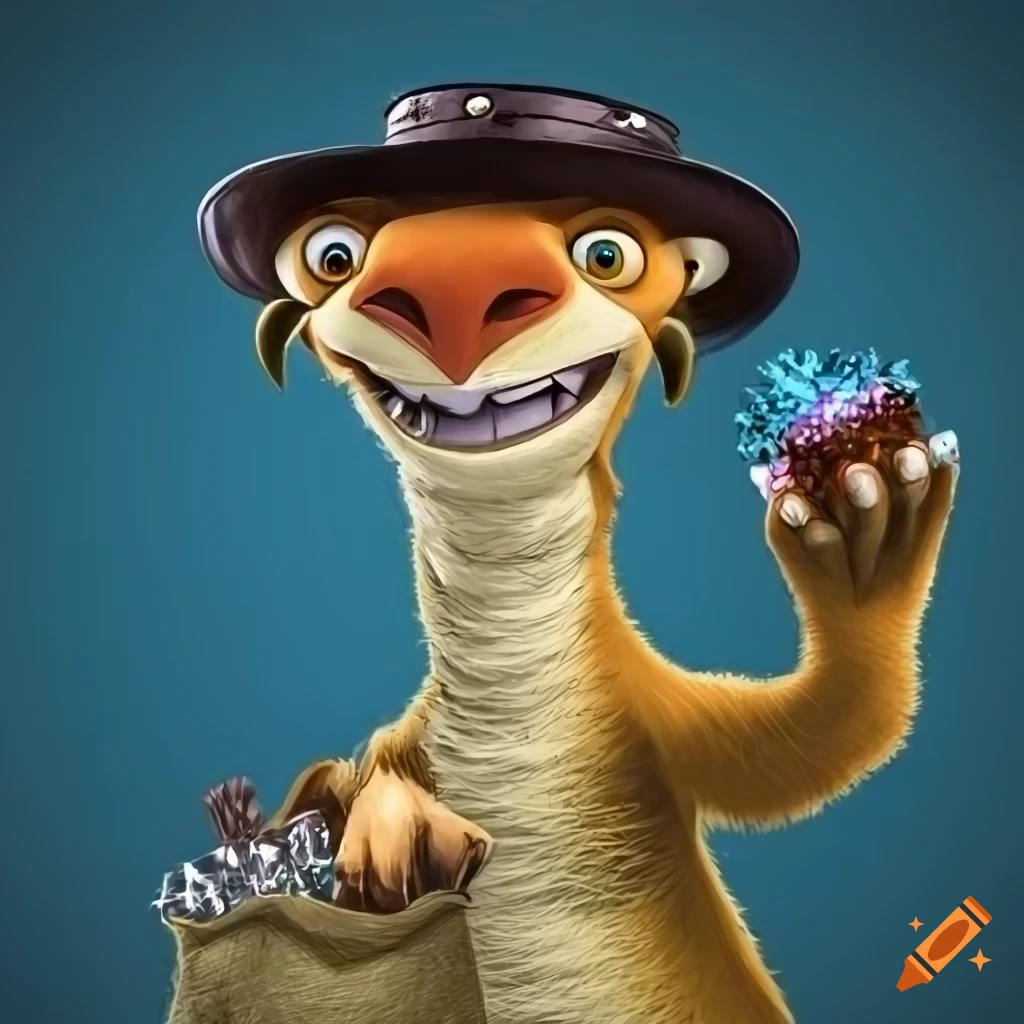 Ice Age character with goatee and hat holding blue crystals in a bag on Craiyon