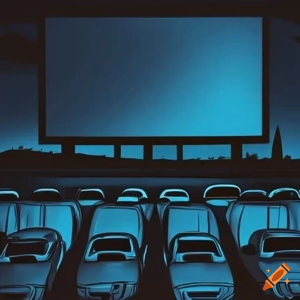 Giant drive-in movie screen at night in line art style on Craiyon
