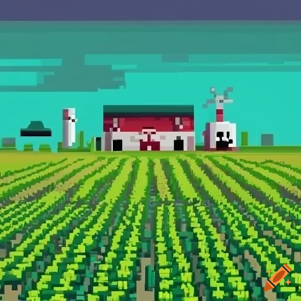 Pixel farm with various crop rows on Craiyon