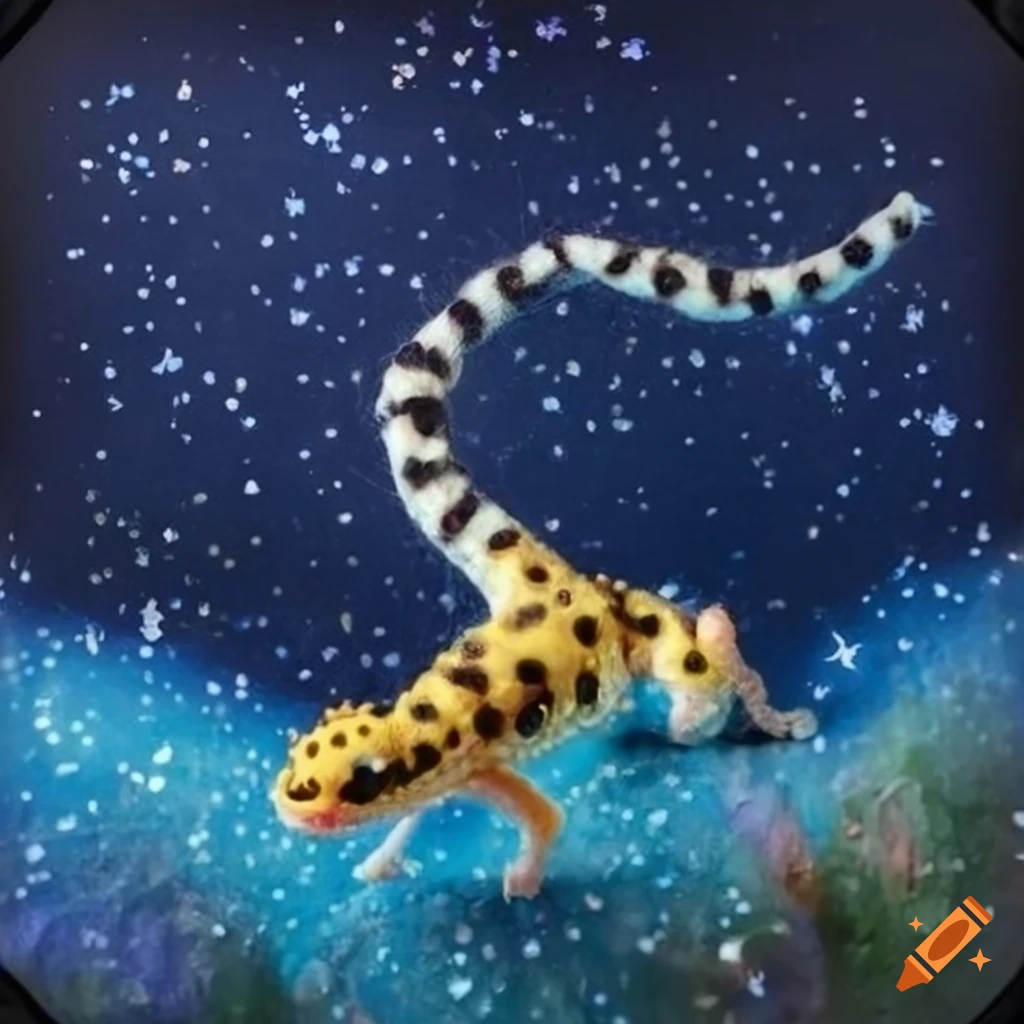 Needle felt diorama of a leopard gecko flying in a starry night sky on ...