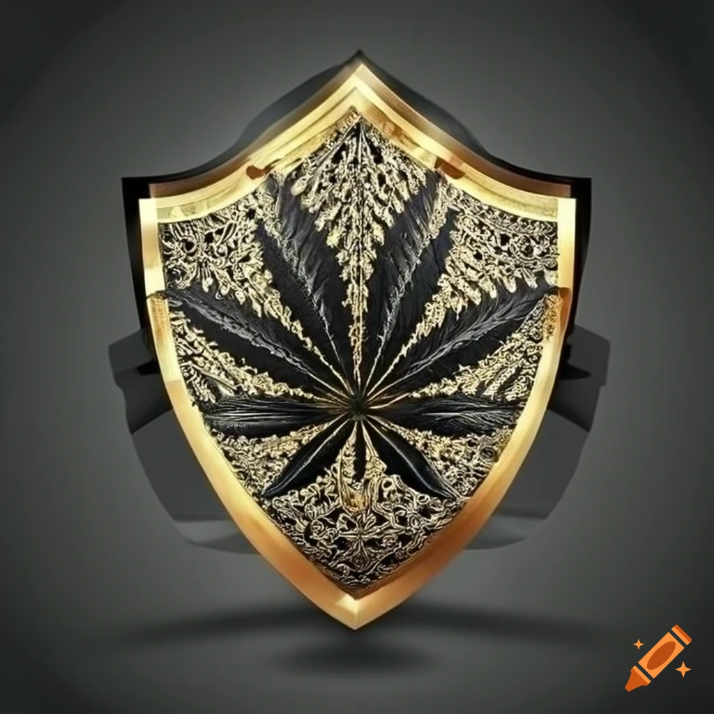 Impressive black and gold shield with intricate cannabis leaf patterns ...