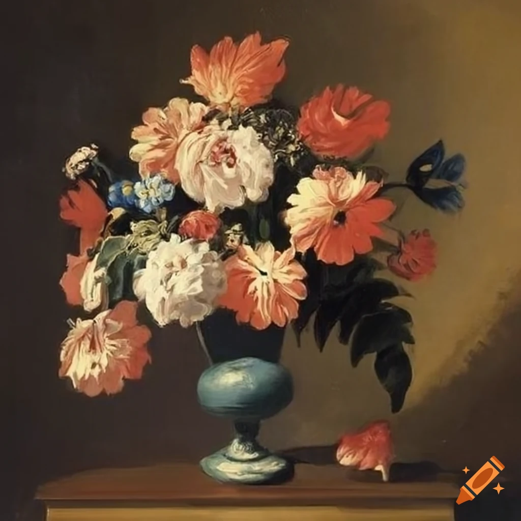 Floral bouquet in a vase in old masters style painting on Craiyon
